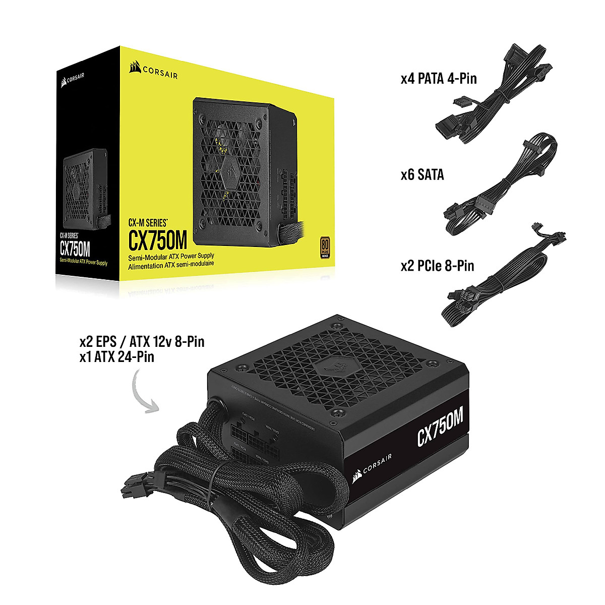 CORSAIR CX750M 80 PLUS Bronze Semi-Modular Low-Noise ATX 750 Watt Power Supply - NA - Black