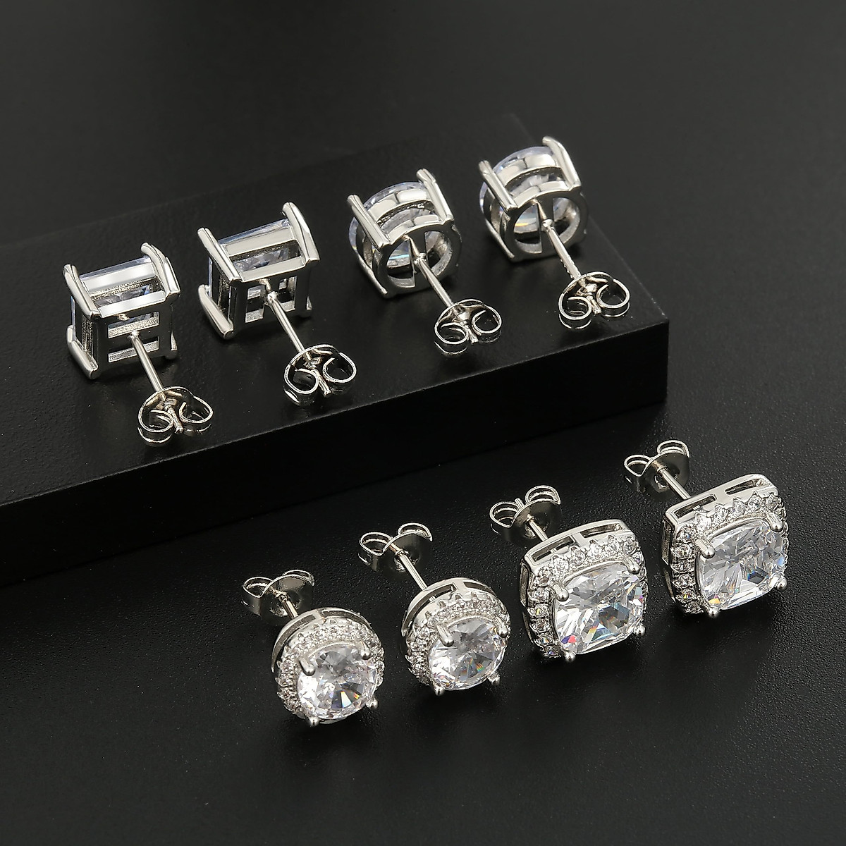 Zankulas Cubic Zirconia Stud Earrings for Women Mens Earrings Hypoallergenic Sterling Silver Post Square CZ Studs Set Silver