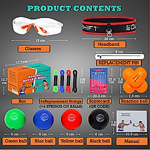 Soul Shift - 4 X Boxing Reflex Balls and Reaction Ball and Safety Glasses - Hand Eye Coordination, Boxing Reflex Ball Headband, Boxing MMA Training Equipment, Punching Ball