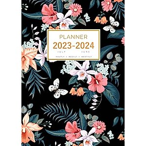 Planner July 2023-2024 June: A4 Large Notebook Organizer with Hourly Time Slots | Orchid with Tropical Flower Design Black