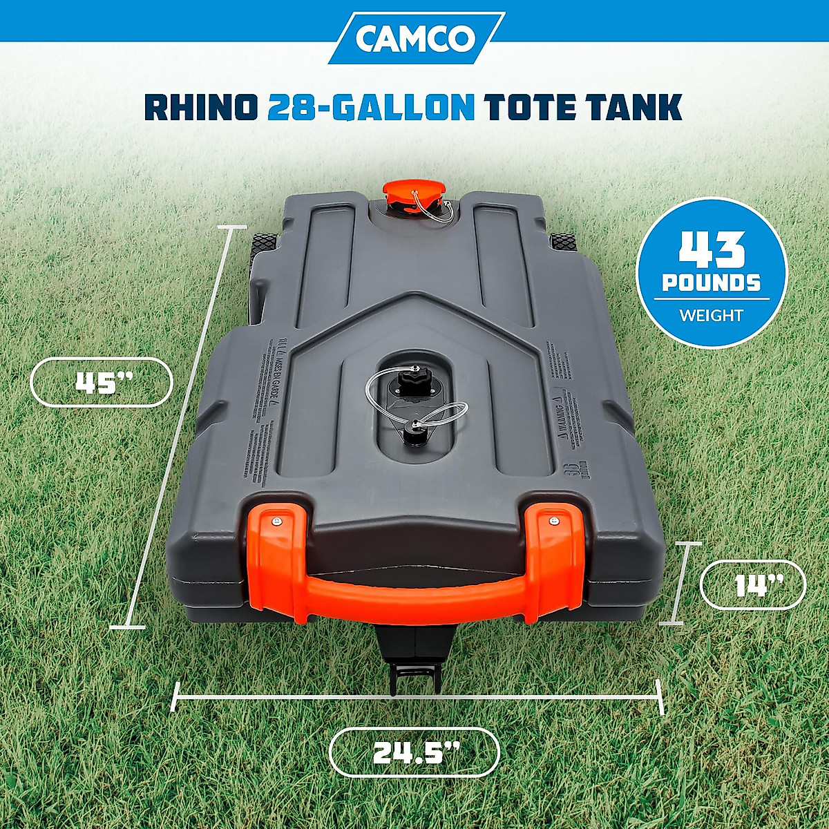 Camco Rhino 28-Gallon Portable Camper / RV Tote Tank - Features Large Heavy-Duty No-Flat Wheels & Built-In Gate Valve - Removable Steel Tow Adapter, 3’ RV Sewer Hose & More RV Accessories (39004)