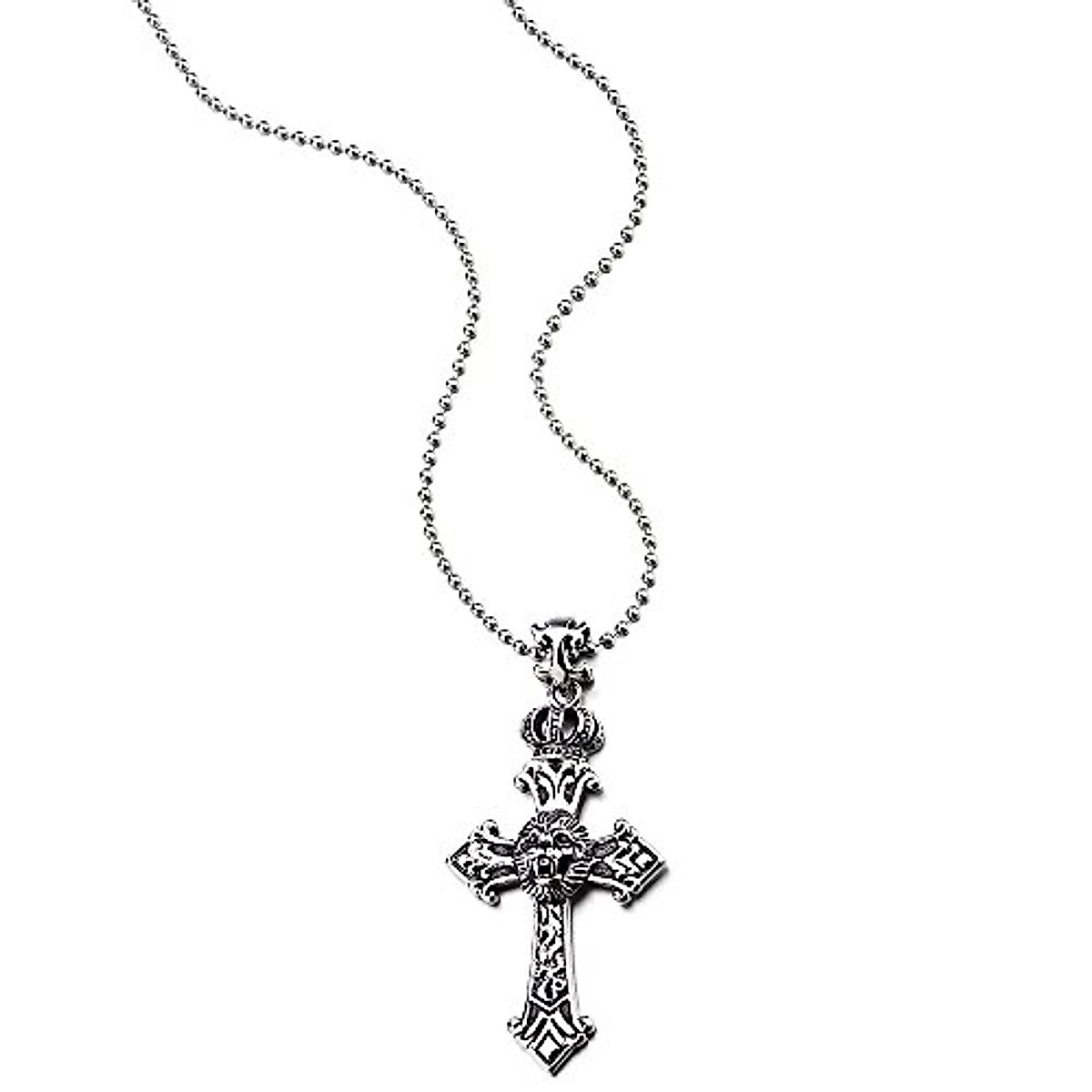 COOLSTEELANDBEYOND Stainless Steel Vintage Crown Lion Head Cross Pendant Necklace for Men Women, 30 inches Ball Chain