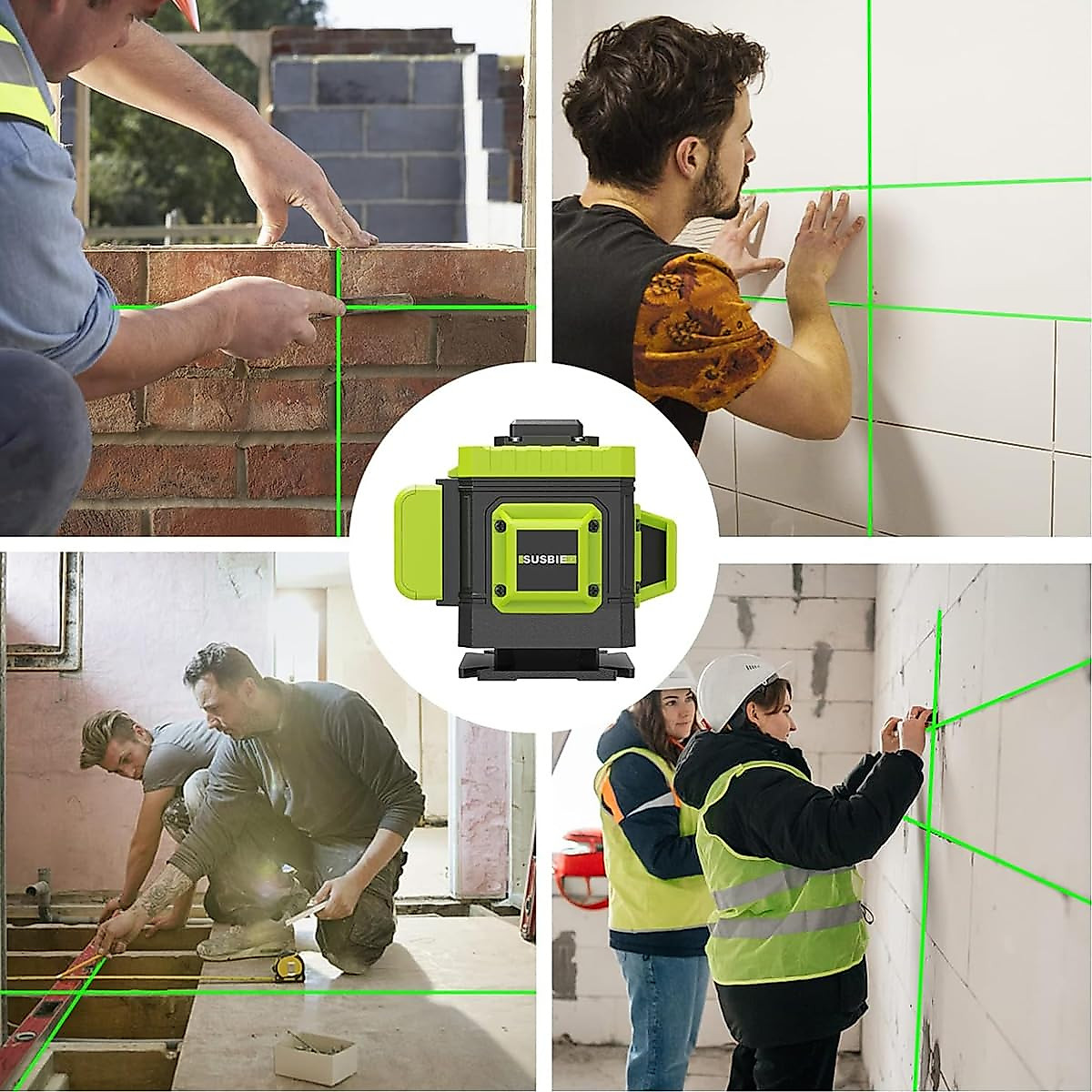 Susbie Laser Level -3x360° Cross Line Laser for Construction and Picture Hanging-12 Green Lasers with Self-leveling-Level Tool with 10000 mAh Rechargeable Battery