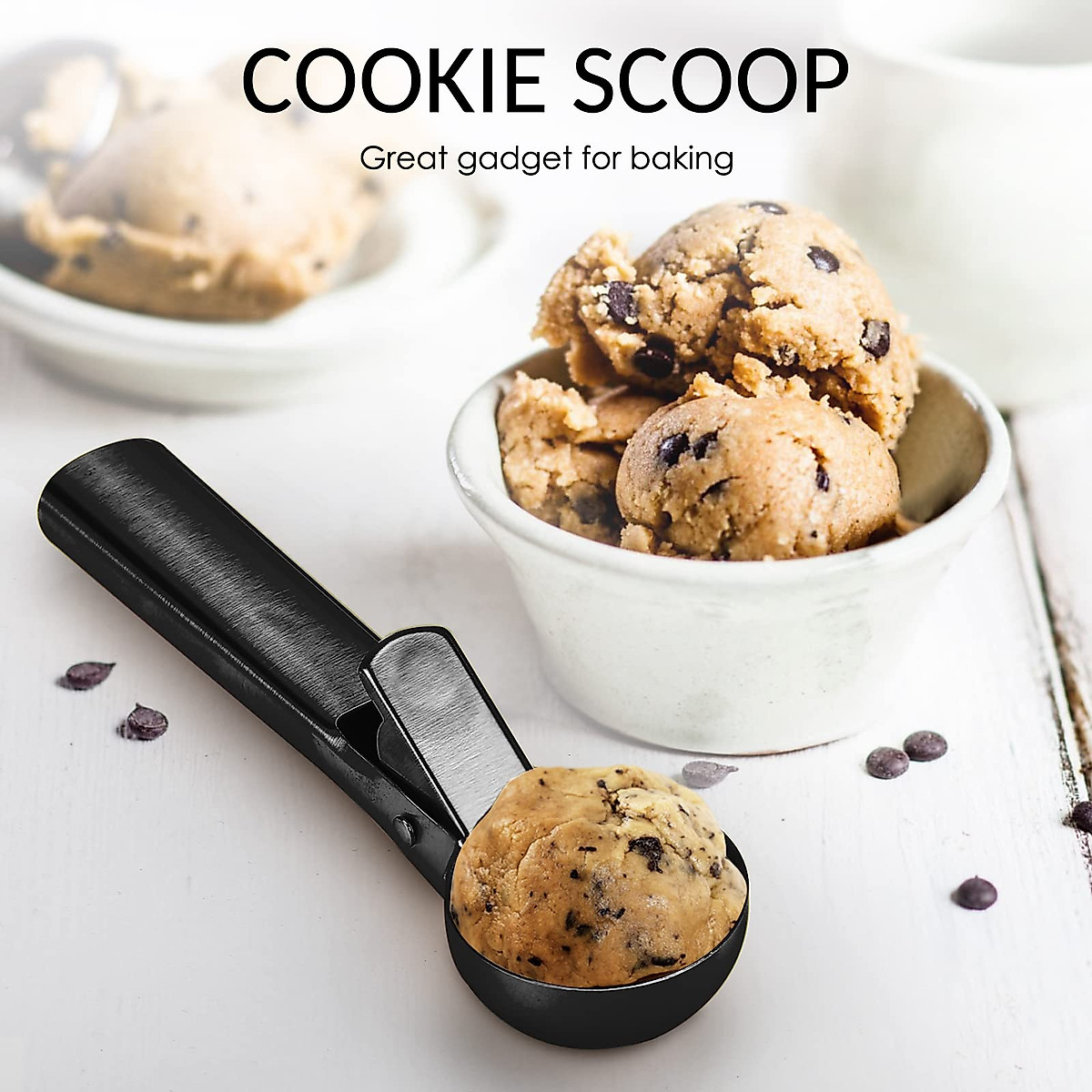 D Ice Cream Scoop, Stainless Steel Ice Cream Scooper with Trigger Release, Metal Cookie Scoops, Iceream Scoop Spoon for Meatball Frozen Yogurt Gelatos and Sundaes, Dishwasher Safe (Black)