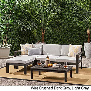Great Deal Furniture Makayla Ana Outdoor 3 Seater Acacia Wood Sofa Sectional with Cushions, Dark Gray and Light Gray