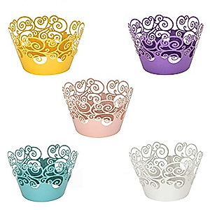 KPOSIYA Cupcake Wrappers 100 Pack Cupcake Wraps in 5 Colors Filigree Artistic Bake Cake Paper Cup Little Vine Laser Cut Liner Baking Cups Holder for Wedding Party Birthday Decoration (Style 2)
