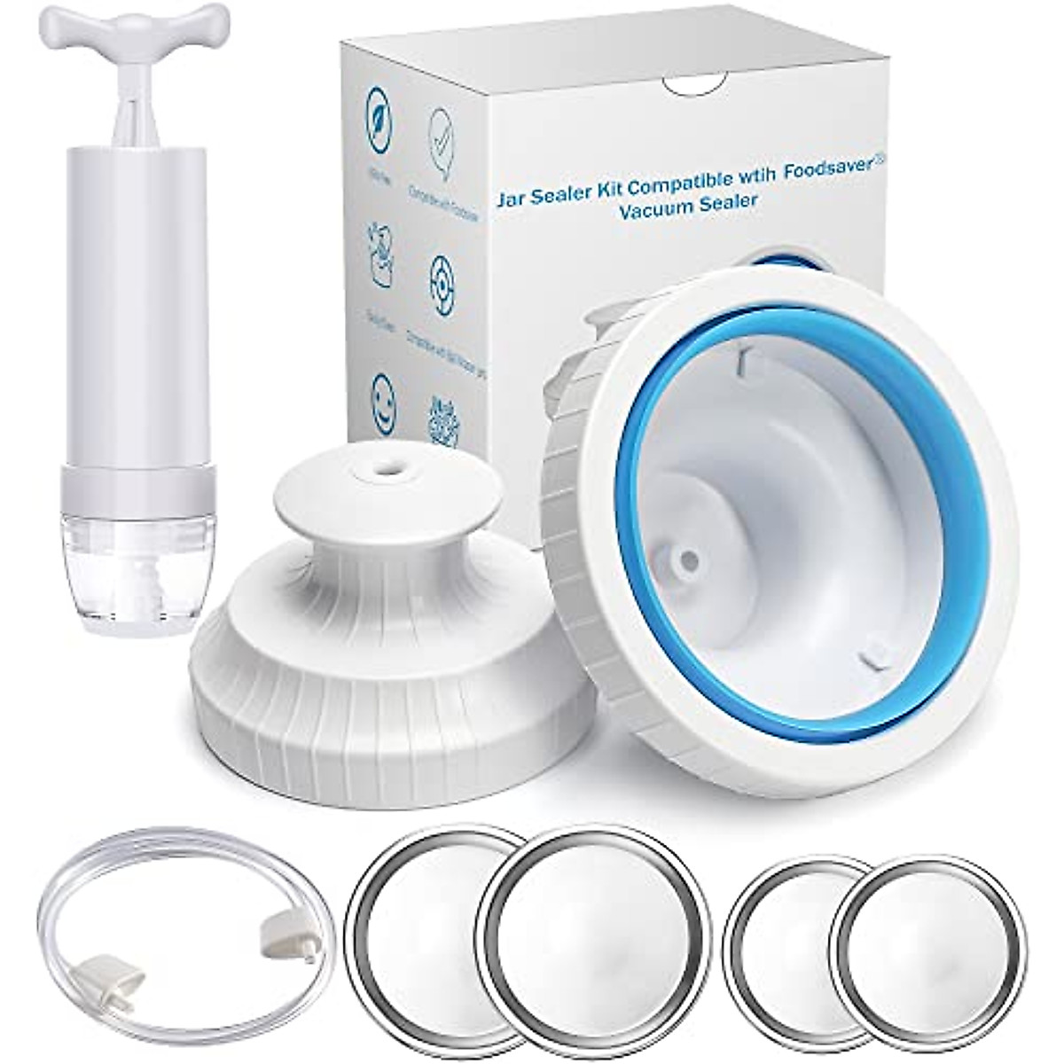 Mason Jar Vacuum Sealer Kit for FoodSaver - Food Saver Glass Jars Sealer Attachment With Accessory Hose and Manual Portable Vacuum Pump for Ball 4PCS Wide & Regular Mouth Lids
