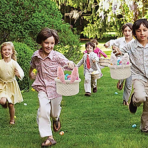 LimBridge Easter Decoration, Knitted Basket with 2 Different Sets of Bunny Ears Spring Wicker Easter Baskets for Easter Eggs Hunt, Candy and Gifts, Boys and Girls, Party Supplies