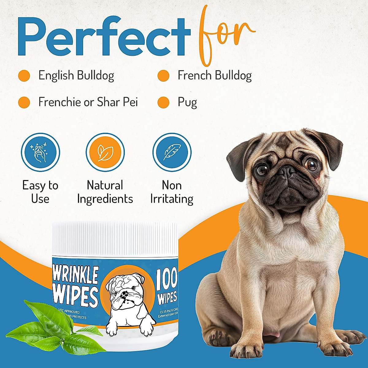 Wrinkle Wipes for Dogs - 100 Count Dog Wrinkle Wipes French Bulldog, English Bulldog, Pugs - 3.15 in Large Bulldog Face Wipes - Cleaning & Soothes on Wrinkles, Folds, Tail Pockets