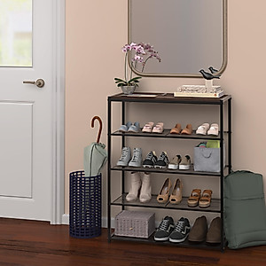 ClosetMaid 5-Tier Shoe Rack, Storage Organizer, with Wood Top Shelf, 4 Metal Mesh Shelves, for 15 Pairs of Shoes, Modern Walnut/Black