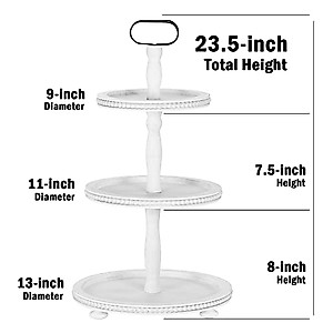 Urban Deco Wooden Tiered Tray 3-Tier Decorative Tray Stand Farmhouse Serving Tray, Round Wooden Cupcake Display Stand with Metal Handle, White Tiered Fruits Tray for Home Party Decorations