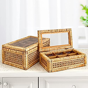OTOKOHM Rattan Decorative Box With Lid & Removable Divider - Decorative Boxes For Home Decor - Boho Decor Display Box - Decorative Storage Boxes With Lids - Rattan Box With Lid Set of 2