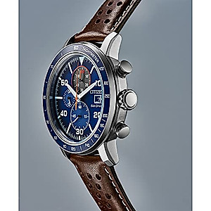 Citizen Men's Eco-Drive Weekender Brycen Chronograph Watch in Stainless Steel, Brown Leather strap, Blue Dial (Model: CA0648-09L)
