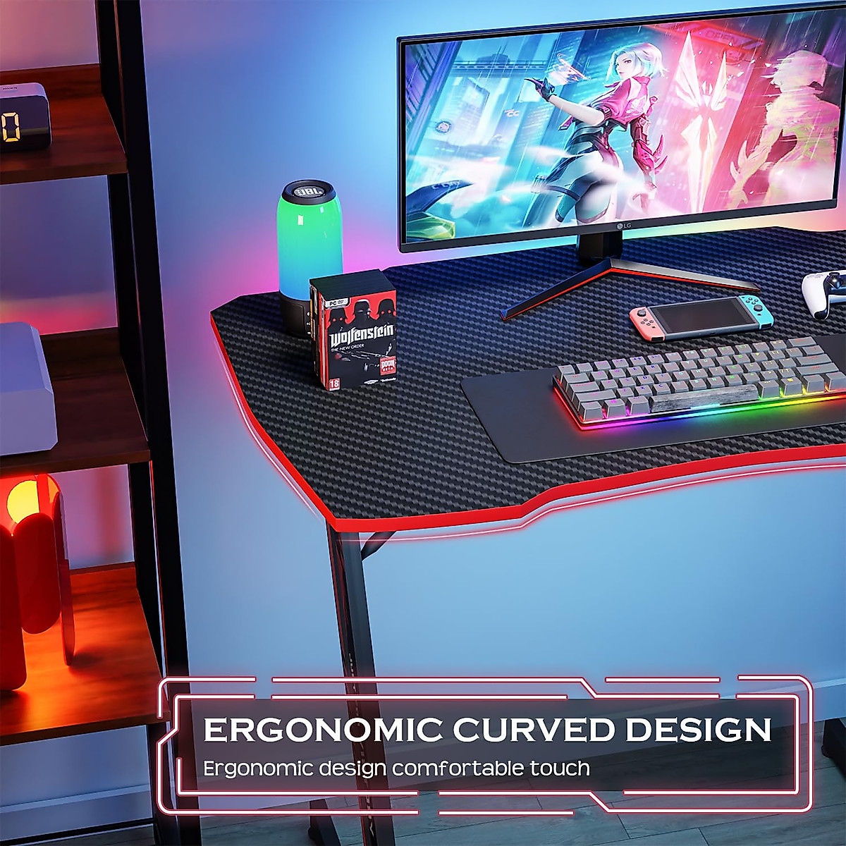 PayLessHere 35 Inch Modern Z-Shaped Gaming Desk Computer Desk for Home Office with Headphone Hook - Sturdy Workstation Table with Spacious Desktop,Red