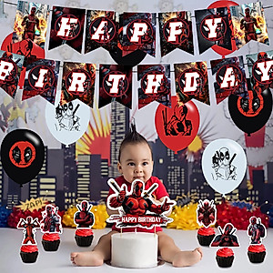 Deadpool Party Decorations,Birthday Party Supplies For Deadpool Party Supplies Includes Banner - Cake Topper - 12 Cupcake Toppers - 18 Balloons - 50 Deadpool Stickers