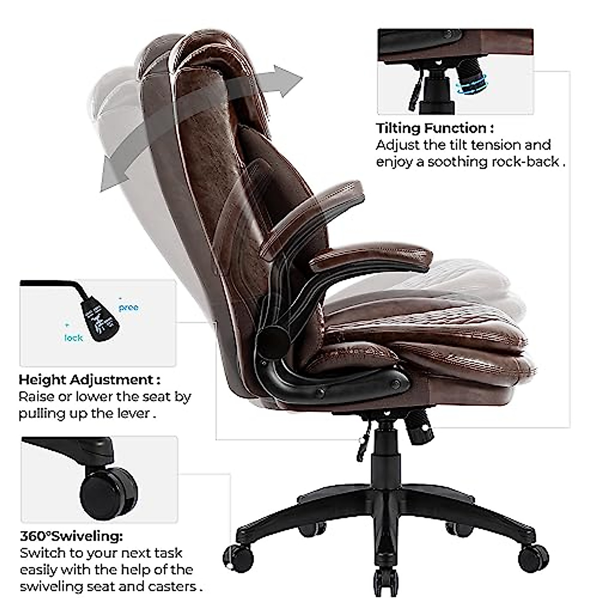 YI DANICA High Back Big & Tall 400lb Office Chair - Heavy Duty Base, Adjustable Tilt Angle Large Bonded Leather Ergonomic Executive Desk Computer Swivel Chair