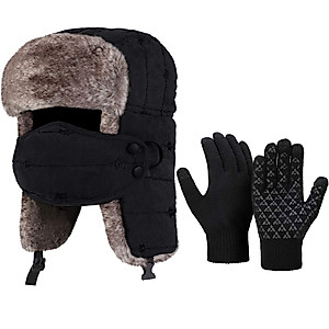 SATINIOR Trapper Hat Gloves Set, Warm Winter Hats Hunting Hat with Mask Ear Flaps, Winter Touchscreen Gloves for Women Men Black