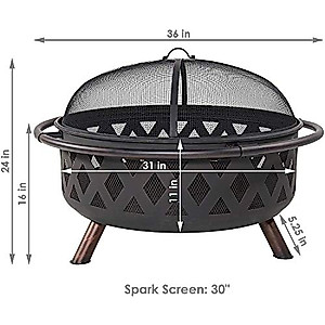 LEAYAN Garden Fire Pit Grill Bowl Grill Barbecue Rack Fire Pits,Outdoor Metal Brazier 36 Inch Large Bonfire Wood Burning Patio & Backyard Firepit for with Spark Screen and Round Fireplace Cover