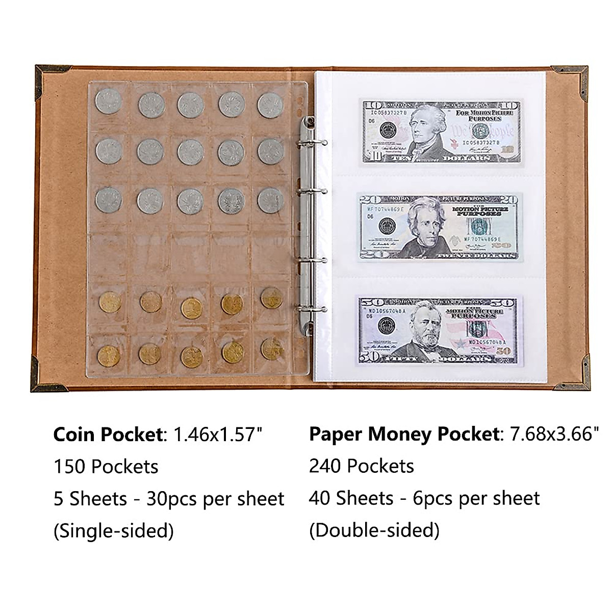 Currency Coin Album (150 Pockets Coin & 240 Pockets Banknote), Paper Money Collection Large Storage Book Supplies Holder Binder