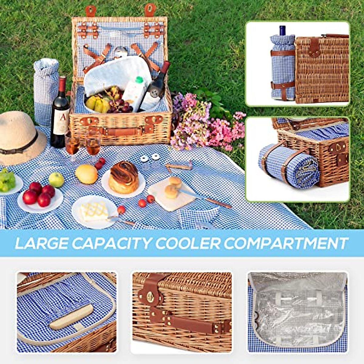 DHAEE Wicker Picnic Basket Set for 4 Person with Cooler Compartment and Waterproof Picnic Blanket,Removable Strap,Wine Bag,Cutlery Set,for Camping,Day Travel,Beach,Hiking,BBQ and Family/Couples Gifts