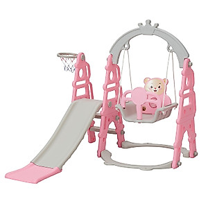 Kinbor 4 in 1 Toddler Slide Swing Set, Climber Slide Playground Baby Playset for Both Indoor & Outdoor with Basketball Hoop, Extra Long Slide & Easy Climb Stairs, Pink