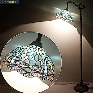 WERFACTORY Tiffany Floor Lamp Sea Blue Stained Glass Dragonfly Arched Lamp 12X18X64 Inches Gooseneck Adjustable Corner Standing Reading Light Decor Bedroom Living Room S147 Series