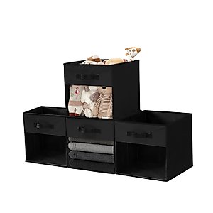 DECOMOMO Kallax Storage Cubes, 13x13x15 Storage Cube Bins with Window, Baskets for Organizing Shelves (Kallax / 4pcs, Black)