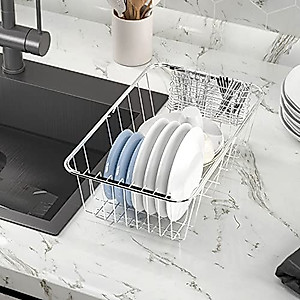 Sink Dish Drying Rack, 304 Stainless Steel Rustproof Expandable Dish Drainer Organizer with Stainless Steel Silverware Holder Over Inside Sink-Adjustable 14.96" to 20.59" （Maximium 7 Upright Dishes ）