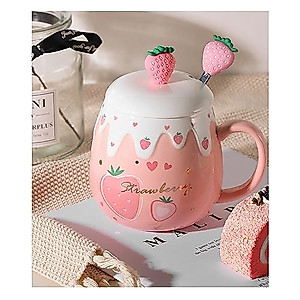 XinHuiGY Pink Mug,Cute Strawberry Cup with Cover Spoon,Ceramic Coffee Mug, Kawaii Cup for Tea Milk,Women Girls Student Korean Style 450ML Christmas Birthday Gift