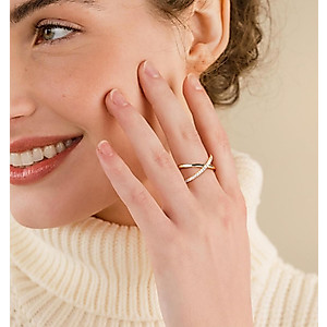 TIGRADE 14 K Gold Plated Stacking Ring X Shaped Criss Cross Ring CZ Pave Double Band Eternity Ring for Women, Gold, Size 6