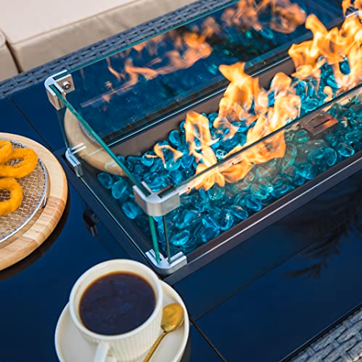 Propane Fire Pit Table, 44" Auto-Ignition Firepit Table for Outside, 50,000 BTU Outdoor Rattan & Wicker Gas Fire Table with Glass Wind Guard for Patio, Pool, Backyard, ETL Certification (Grey)