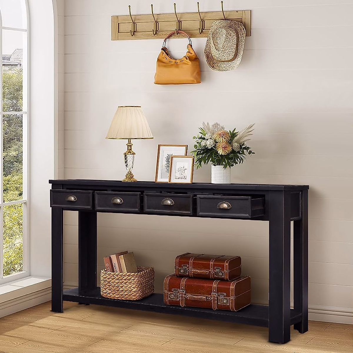 HLXZN Console Table for Entryway, 60 Inch Sofa Table Narrow Long Hallway Table Entryway Table w/4 Drawers and Bottom Shelf for Living Room Entryway Home, Black