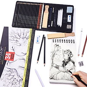 MARTCOLOR Drawing Sketching Pencils Set, 34 Pieces Pro Art Pencil Kit - Graphite Pencils (14B-4H), Charcoal Pencils, Charcoal Sticks, Artist Pencils for Beginners & Pro Artists