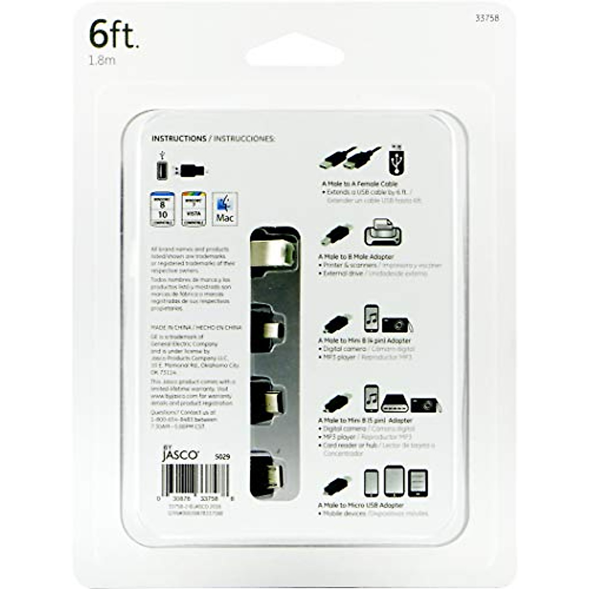 GE Universal USB 2.0 Adapter Kit, 6ft. A Male to A Female Extension Cable, 4 Adapters Included: A Male to B Male, A Male to Mini B (4 Pin), A Male to Mini B (5 Pin), A Male to Micro USB, 33758