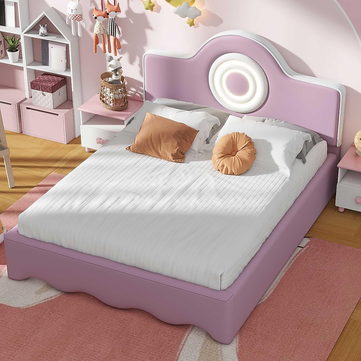 Jintop Full Size Upholstered Platform Bed with Built-in Round LED Headboard,Flannel Finish Wave Design Bed Frame,w/Slat Support,No Box Spring Needed,for Kids Teens Girls Boys Bedroom,Pink