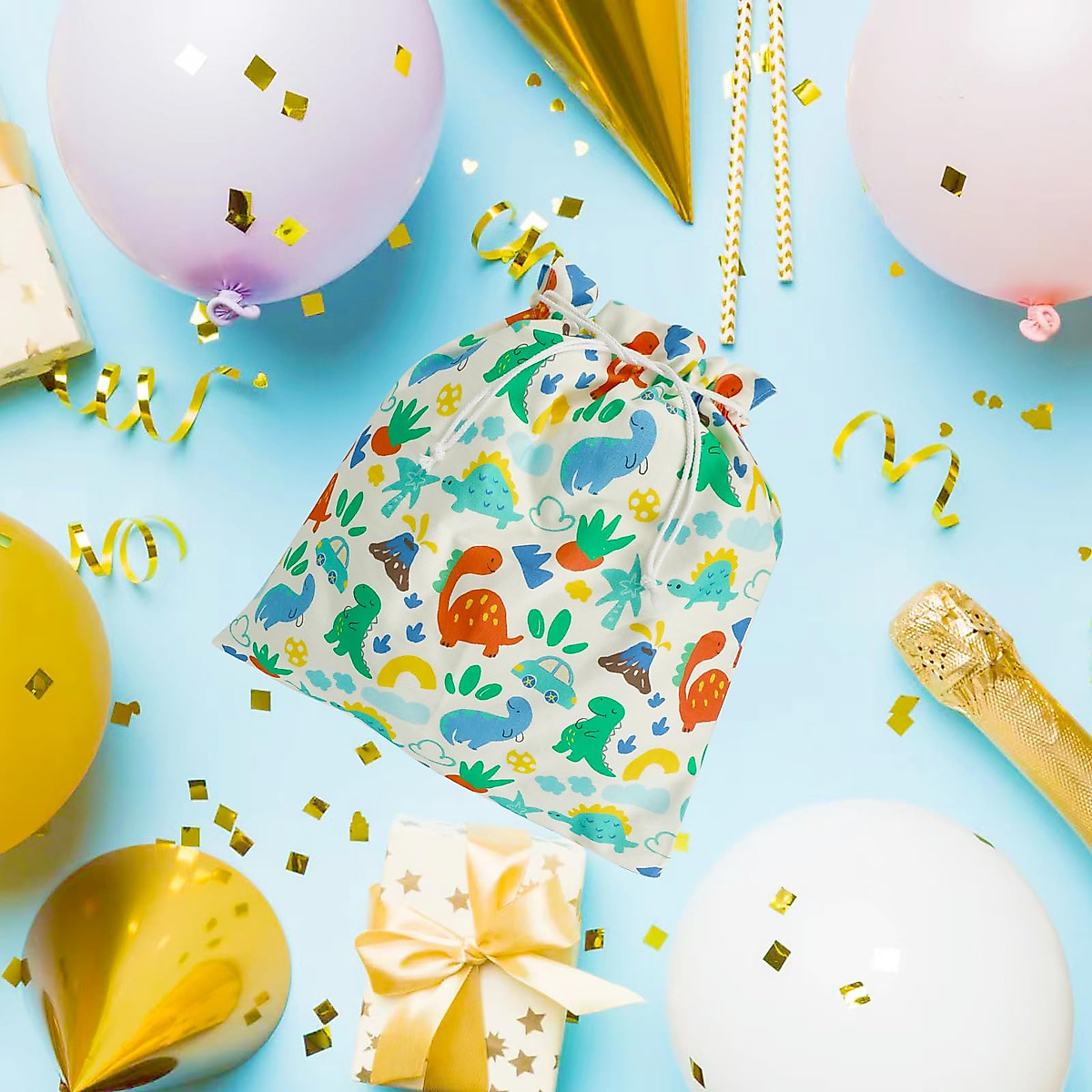 silenwest Baby Boy Gift Bags,Premium Canvas Drawstring Bags | Extra Large 24"x 20" | Reusable Fabric | Perfect for Baby Showers,Birthday Parties and More | Dinosaur Garden