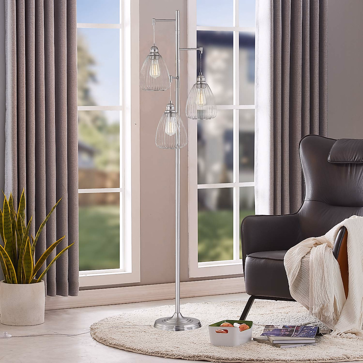 Floor Lamp, Industrial Rustic Standing Lamp with 3 Elegant Teardrop Cage Shade, Modern Tall Floor Lamps for Living Room with 3 Edison Bulbs, Minimalist Pole Floor Light for Home Office - Chrome