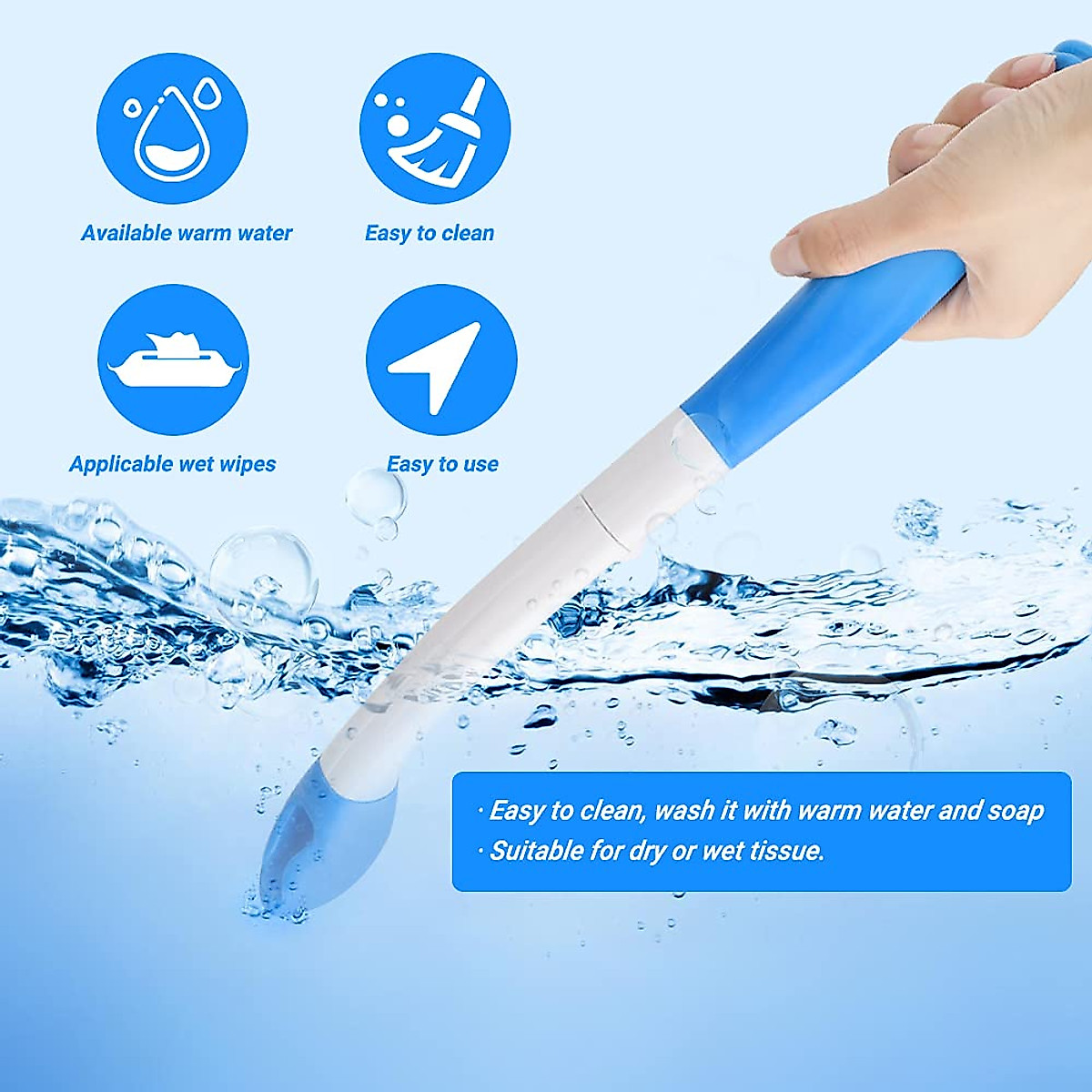 Foldable Toilet Aids for Wiping, Jhua 15.7" Long Reach Comfort Wipe Bottom Grips with Hook, Toilet Paper Aids Tools Tissue Grip Self Wipe Assist Holder, Blue