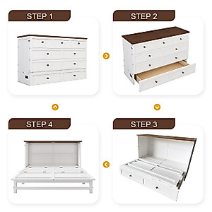 Wakefit Queen Murphy Bed Chest with Charging Station and Large Storage Drawer, Solid Pine Murphy Bedframe for Home Office Small Room, No Spring Box Needed, White+Brown