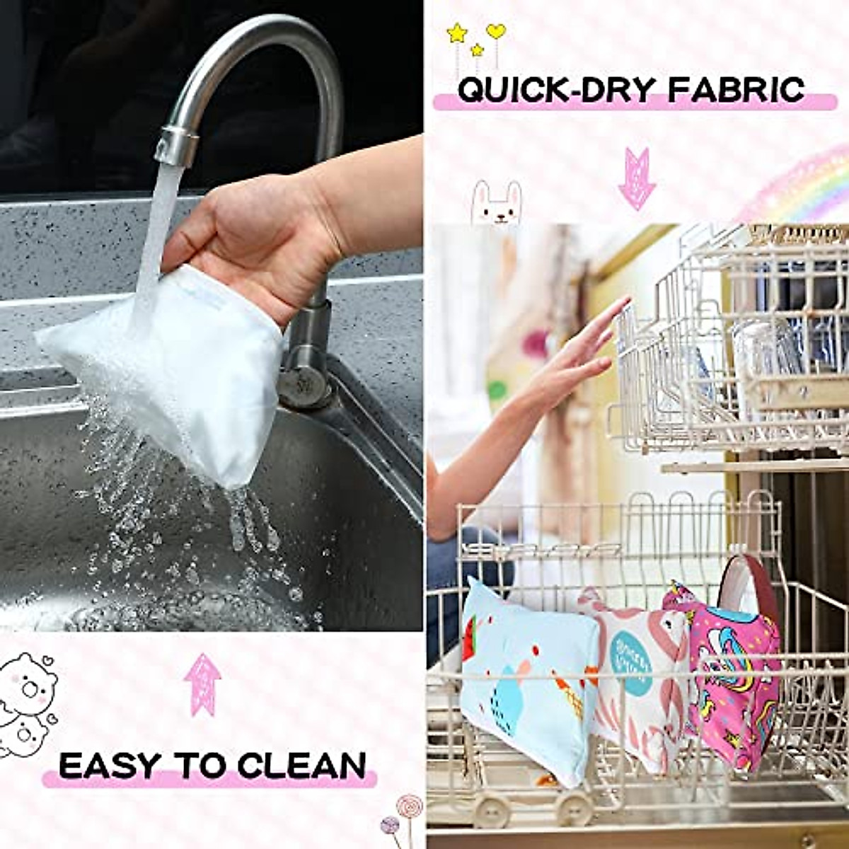 6 Pack Reusable Snack Bags for Kids with Zipper Food Safety Washable Lunch Kids Food Storage Pouch Sandwich Bags Dual Layer Bags (6.9 x 3.7 Inch)