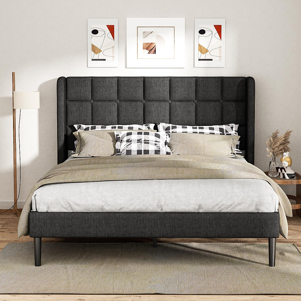 Sismplly Full Size Platform Bed Frame with Upholstered Wingback Headboard, Wooden Slats Support, No Box Spring Needed, Easy Assembly, Dark Grey