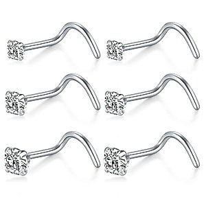 Briana Williams 6pcs 20G Nose Screw Studs Surgical Steel Nose Rings Piercing 1.5mm 2mm 2.5mm CZ Inlaid Silver