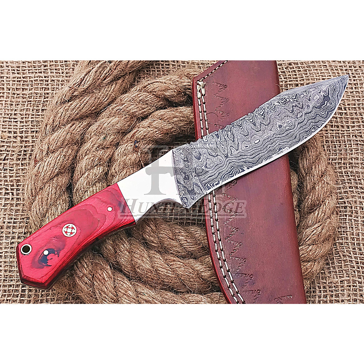 HUNTEX Handmade Hand-Forged Ladder Pattern Damascus Steel 10 Inch Long Full Tang Pakka Wood Handle Razor Sharp Hunting Camping Big Game Hunter Knife w/Genuine Leather Pouch