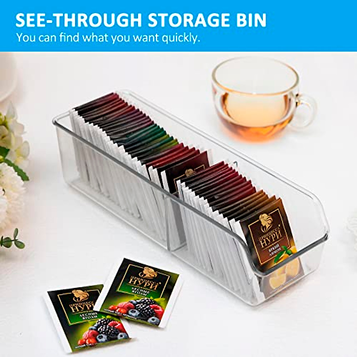 FUCDTEFC Tea Bag Organizer, Tea Bag Holder Box Storage Bin, Clear Tea Packet Plastic Drawer, Sugar Packet, Coffee, Condiment, Tea Spice Bag Holder for Kitchen Cabinet, Countertop, Fridge