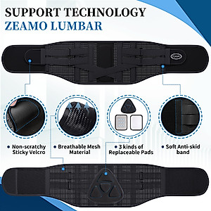 ZEAMO Back Brace for Men and Women Lower Back Pain Relief, Adjustable Lumbar Support Belt with 3 kinds of replacement lumbar pads, Waist Support for Herniated Disc, Sciatica, Scoliosis