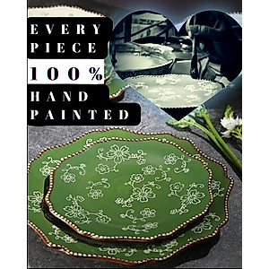 KUNABOO Artisanal Small Ceramic Plates, Salad Plates, Dessert Plates Ceramic Plates Set of 6-7.8” - Sakura Floral Series Pine Green - Ready to Wrap Gift