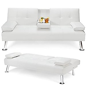 Giantex Convertible Futon Sofa Bed, Faux Leather Sectional Couch Sleeper, Removable Armrests 2 Cup Holders Backrest Adjustable, Upholstered Small Guest Bed for Apartment Living Room White