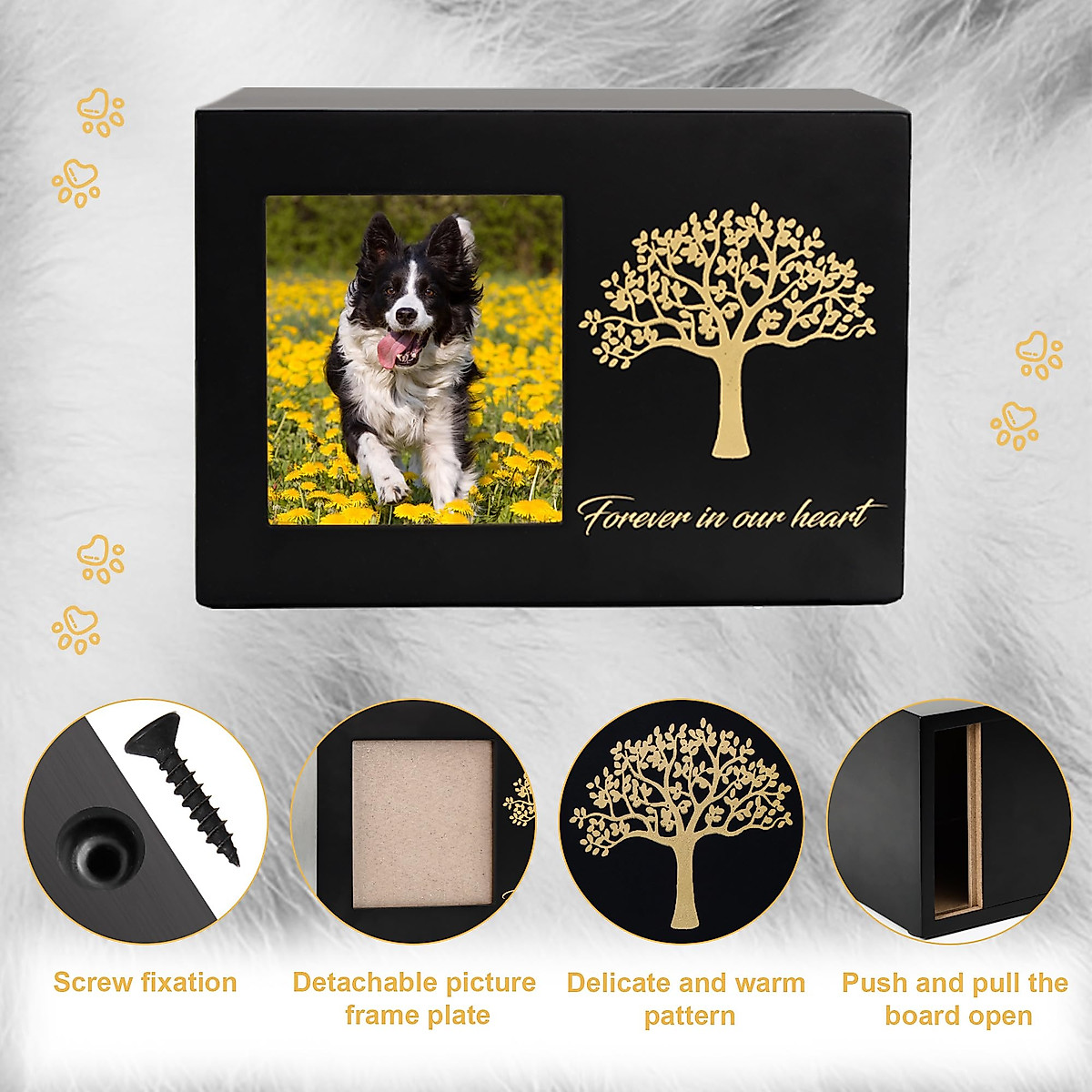 The7boX Pet Urns Wooden Pet Ashes Casket Cat or Dog Memory Box Personalized Photo Frame and Tree of Life Ashes Souvenir with Ashes Bag