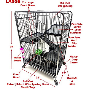 37-inch Metal Ferret Chinchilla Small Animals Hutch Rolling Cage Guinea Pig/Kitten/Rabbit Pet with 2 Front Doors for Indoor Outdoor (BlackVein, 37" Solid Plastic Platfroms and Ladders)