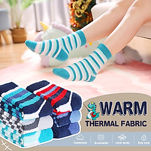 Kids Fuzzy Slipper Grip Socks Boys Girls Non Slip Winter Thick Fluffy Warm Soft Plush Thermal Crew Socks 6 Pairs (4-7 Years, 6 Pairs Stripe)